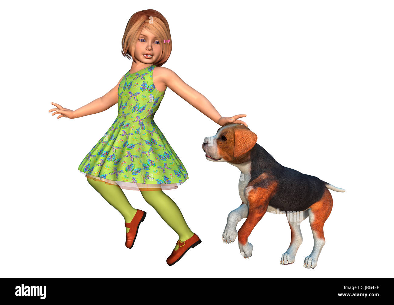 3D digital render of a cute little girl playing with a hound dog ...