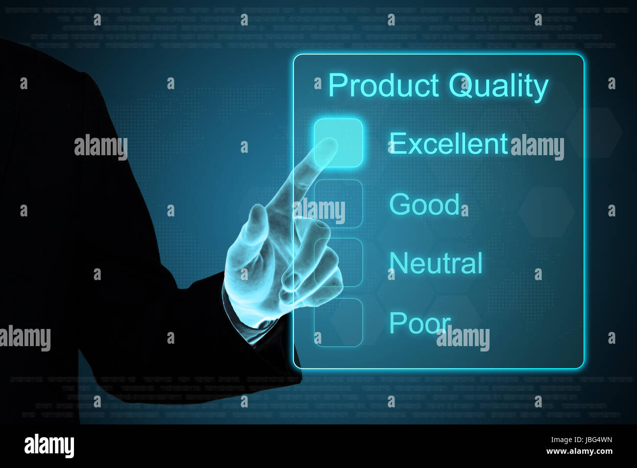 business hand pushing product quality on a touch screen interface Stock ...