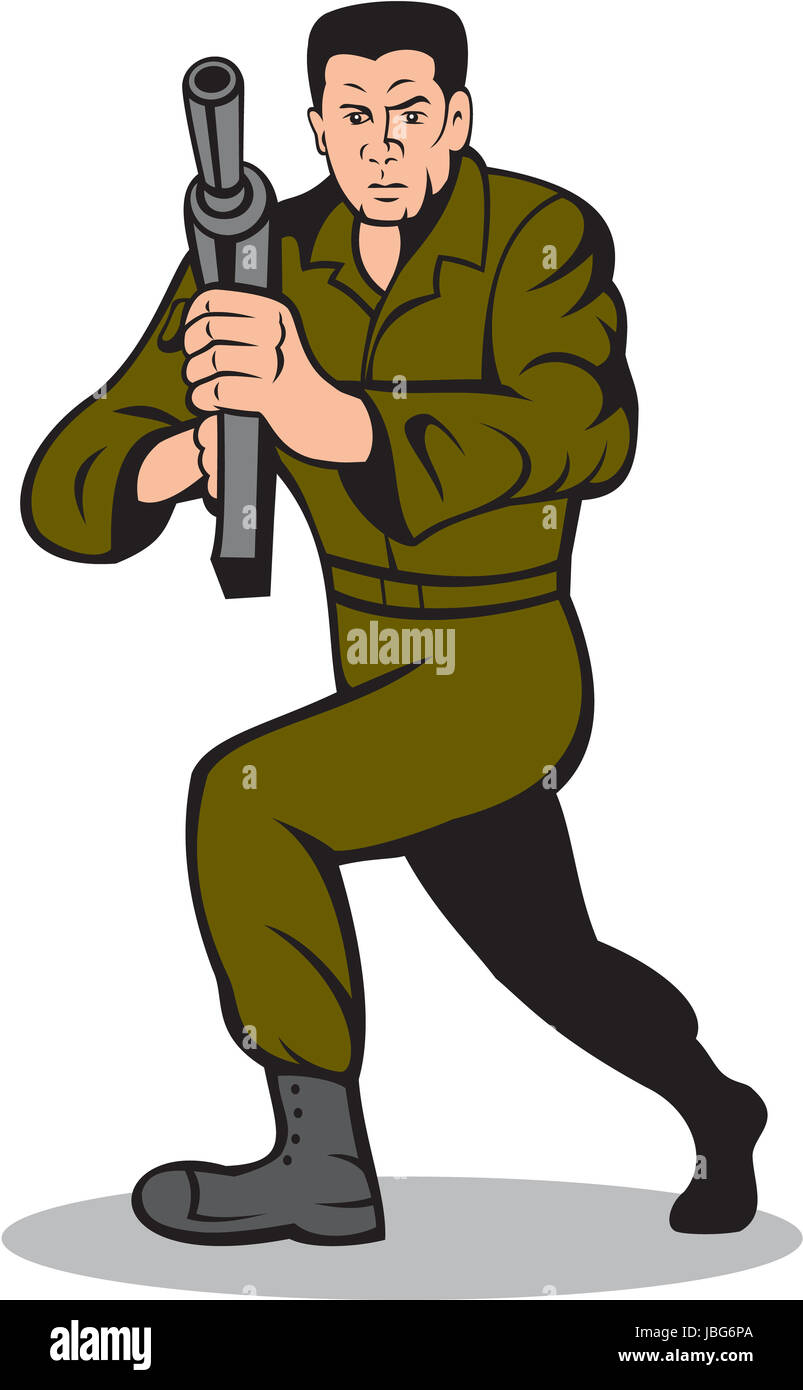 Illustration of an American soldier serviceman aiming a sub-machine gun ...