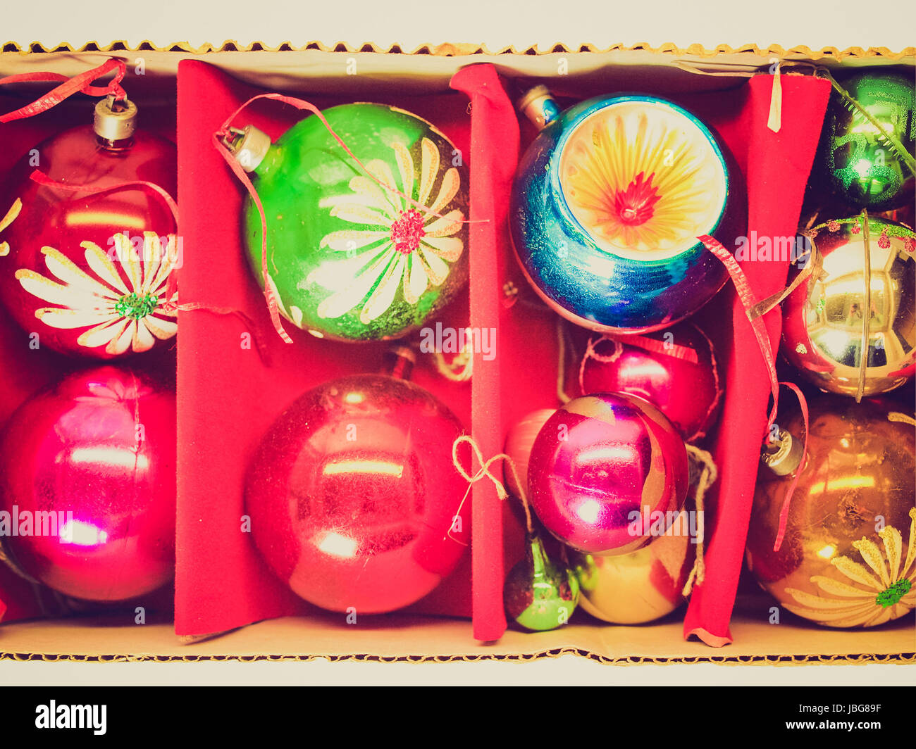 Vintage retro looking Box of baubles for Christmas tree decoration ...