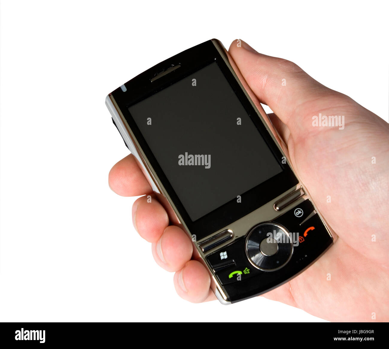 hands with communicator isolated over white background Stock Photo - Alamy