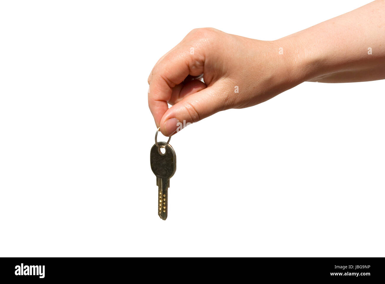 Hand with key on a white background Stock Photo - Alamy