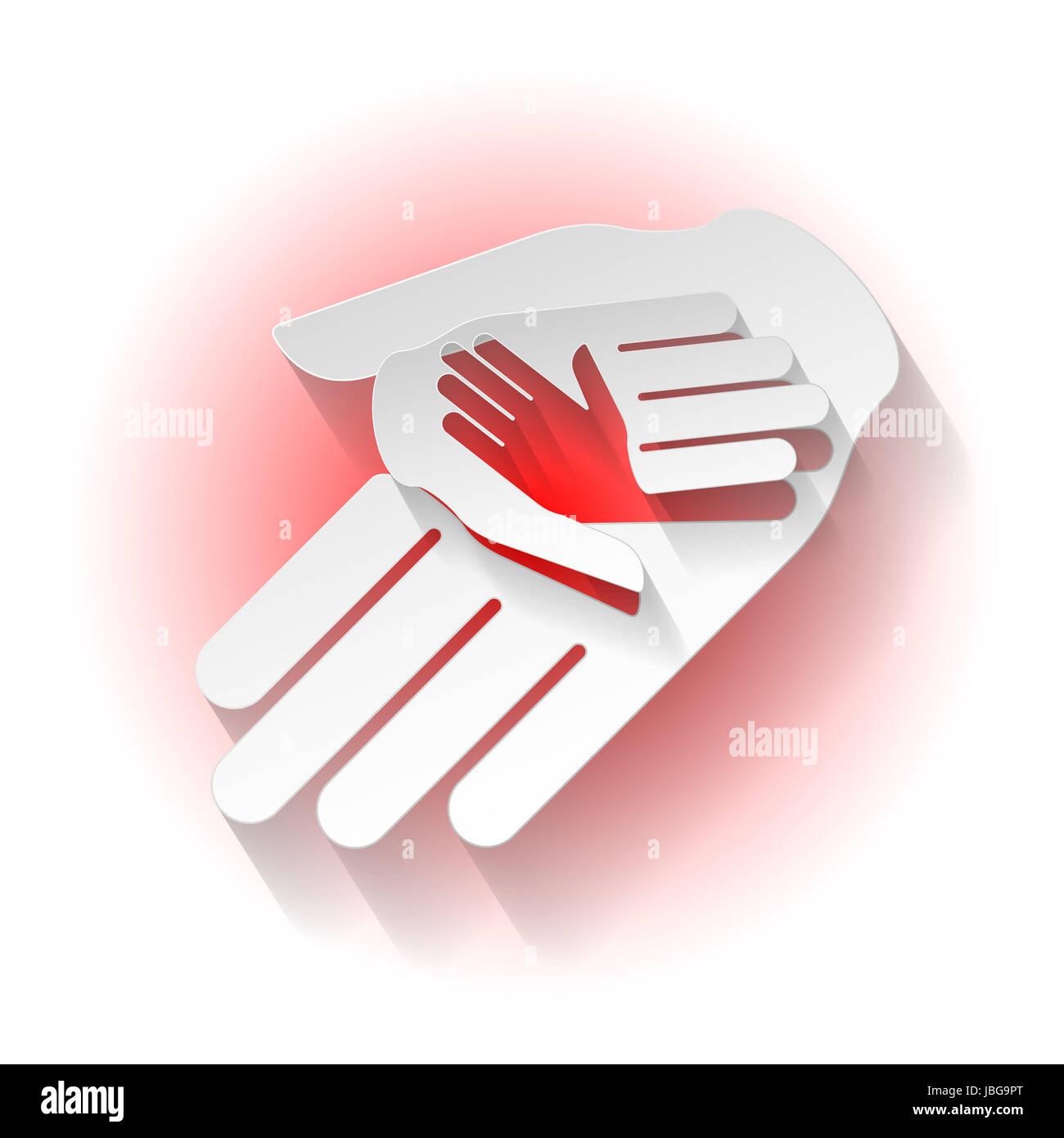 Composition of three hands in paper style as sign of help and teamwork ...