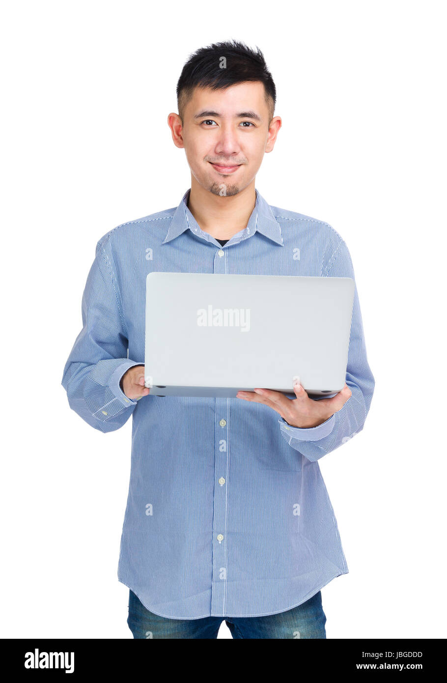 Asian man holding laptop computer Stock Photo - Alamy