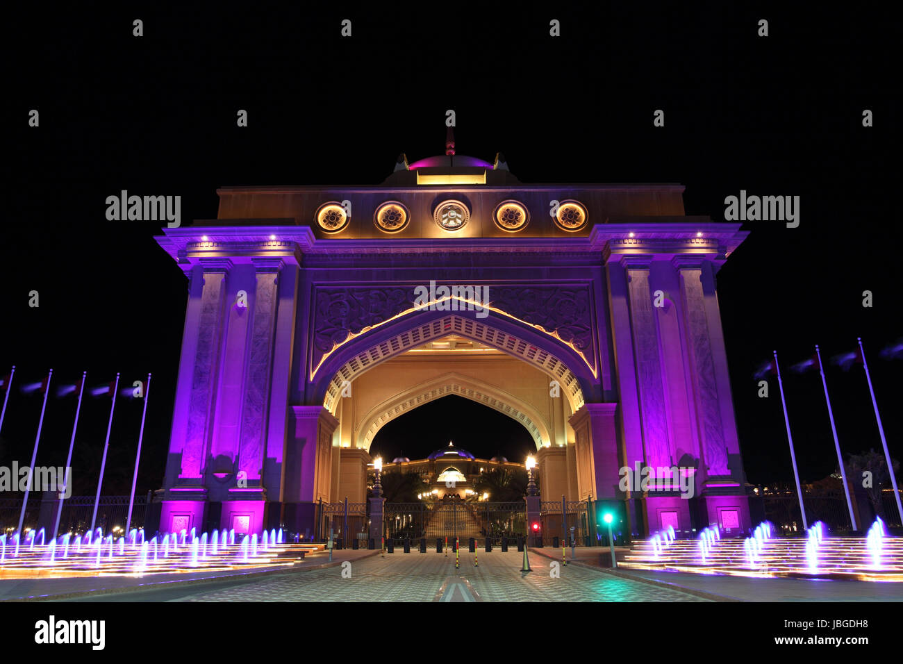 Emirates Palace gate illuminated at night. Abu Dhabi, United Arab ...