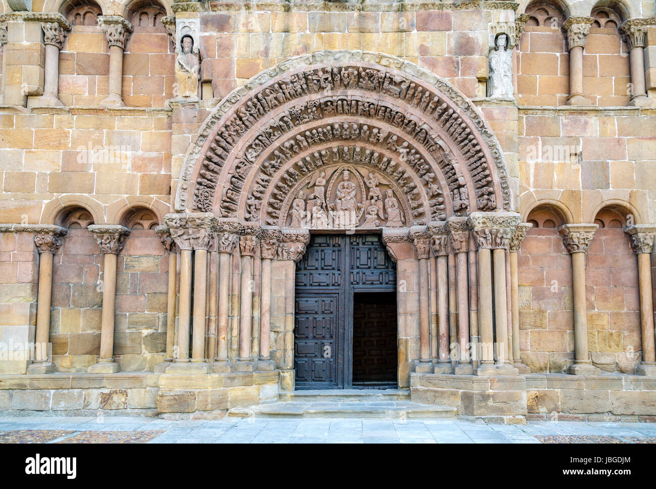 detail of the Romanesque facade of the Romanesque church of Santo ...