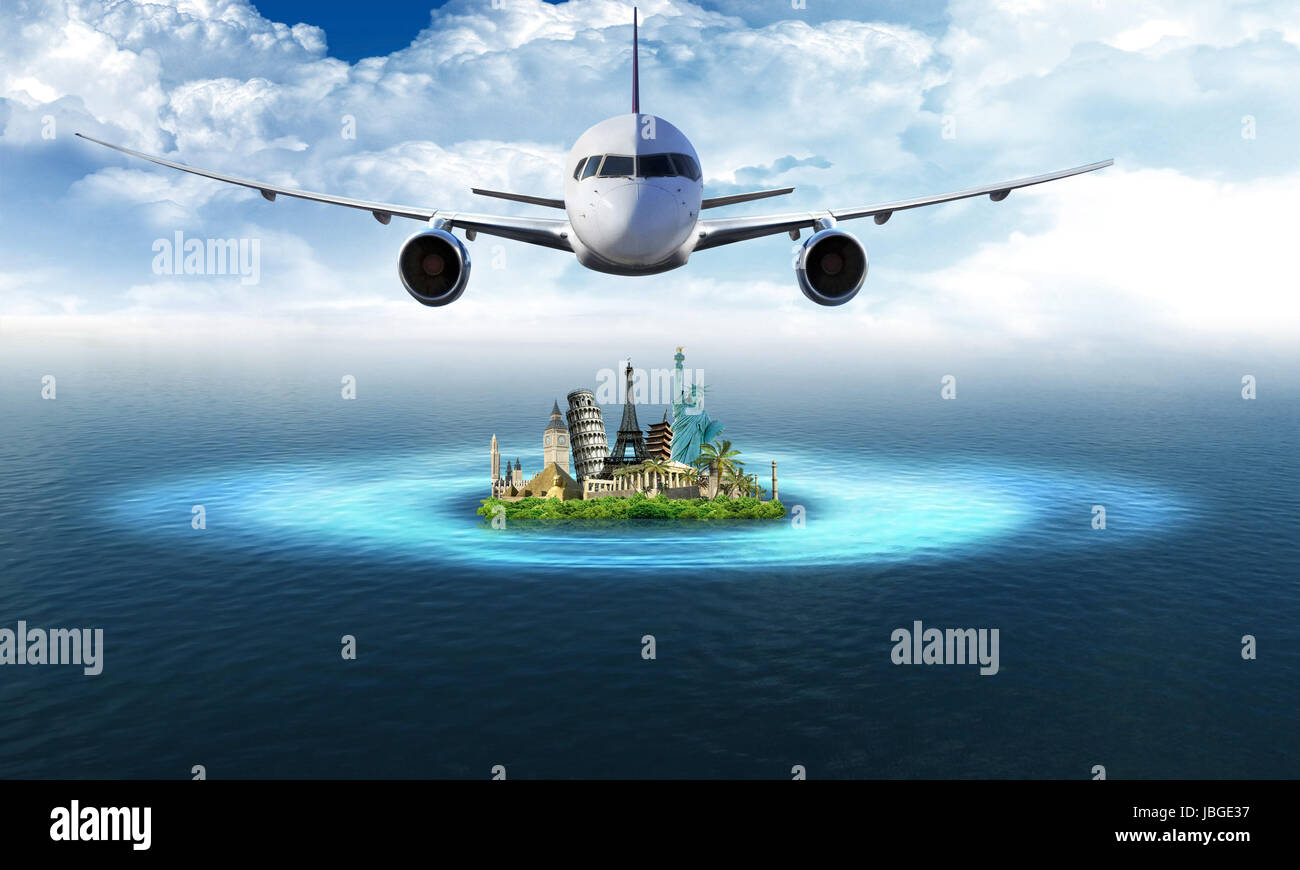 Travel around the world: airplane is flying over the ocean and atoll ...