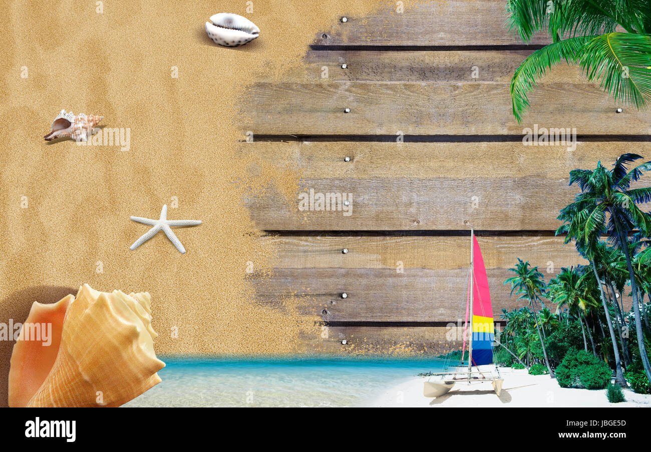 Tropical beach with boat, palm trees and shells Stock Photo - Alamy