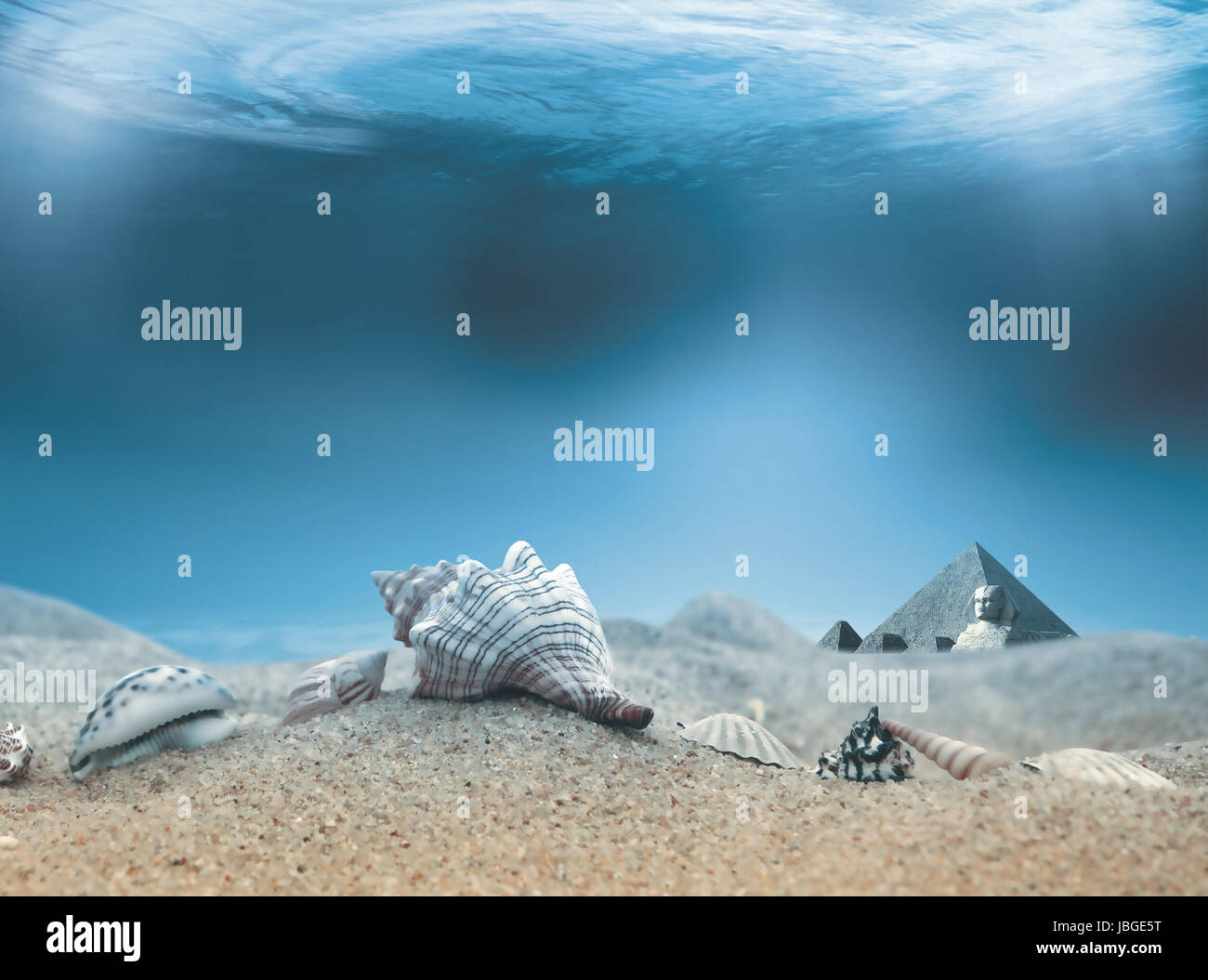 Egypt: Sfynx and piramids underwater with sand and shells Stock Photo ...