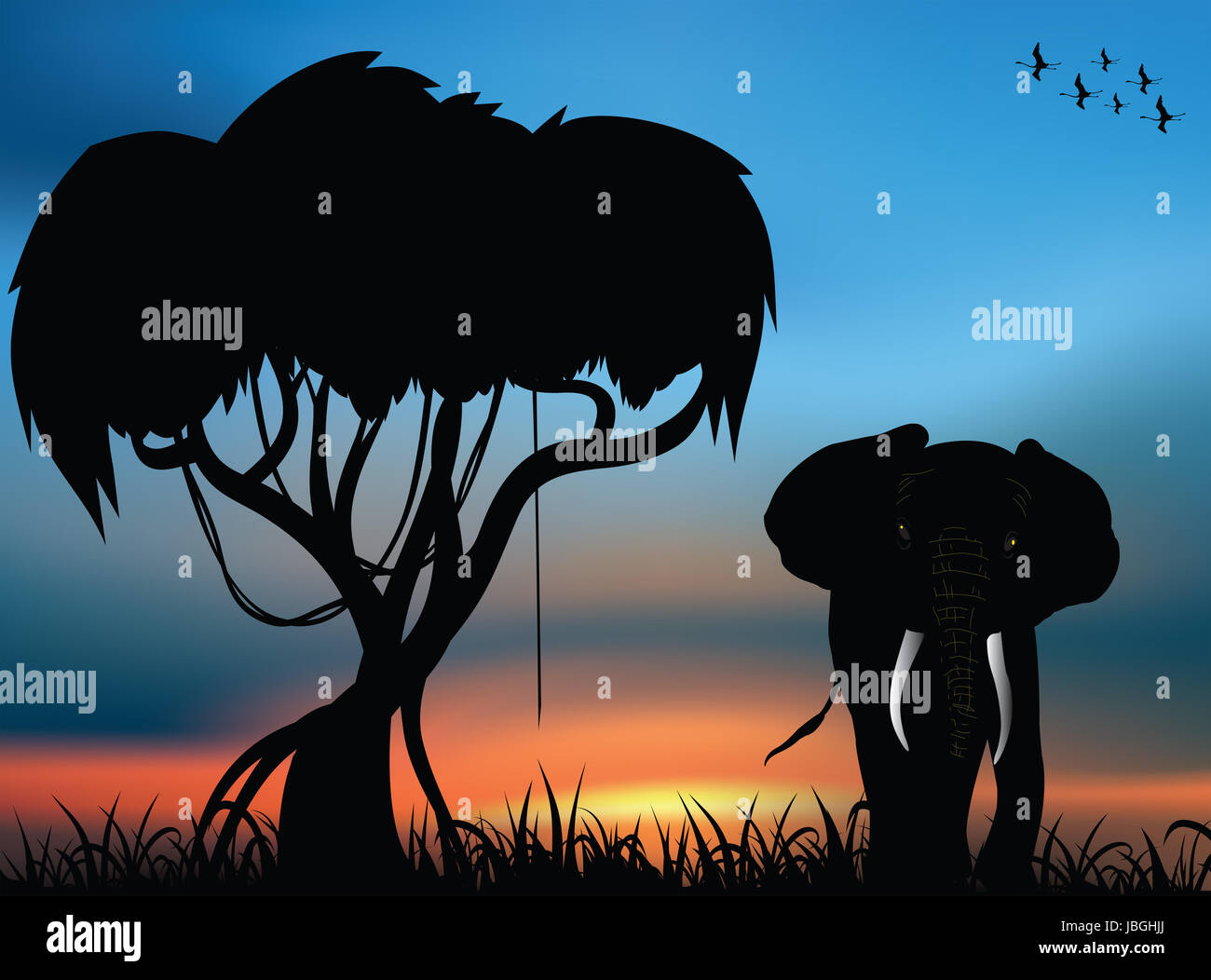 African savanna with african elephant at the sunset Stock Photo - Alamy