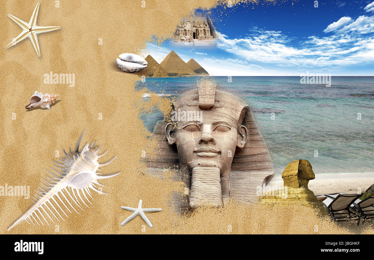 Egypt: Red Sea beach with shells and ancient Egypt landmarks with blue ...