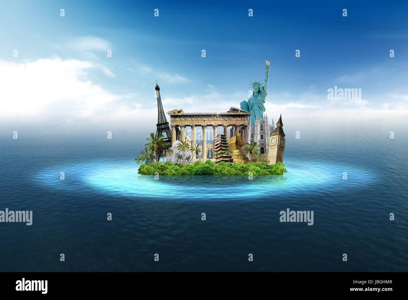 World landmarks on the tropical island in the middle of the ocean Stock ...