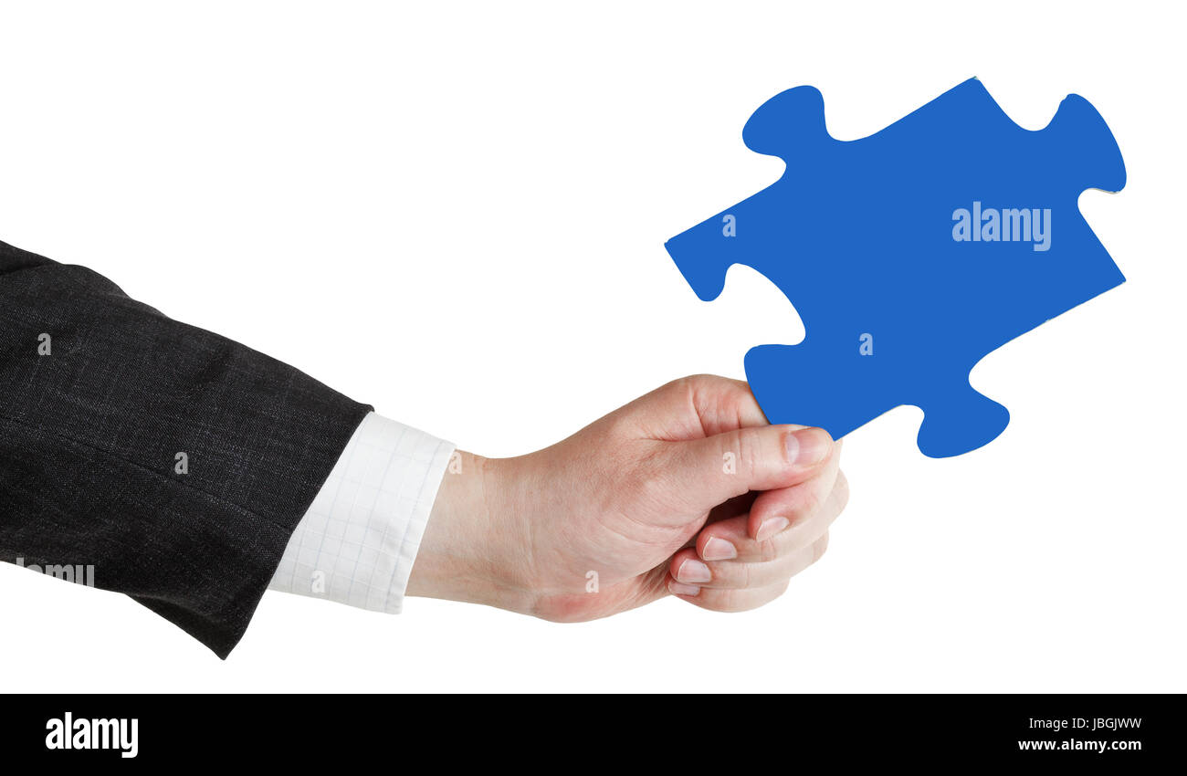 male hand with blue puzzle piece isolated on white background Stock ...