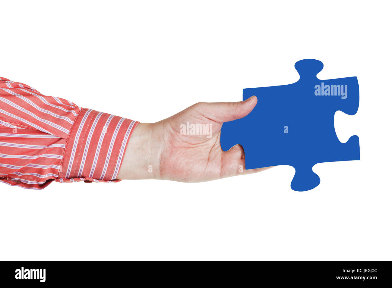 male hand with blue puzzle piece isolated on white background Stock ...