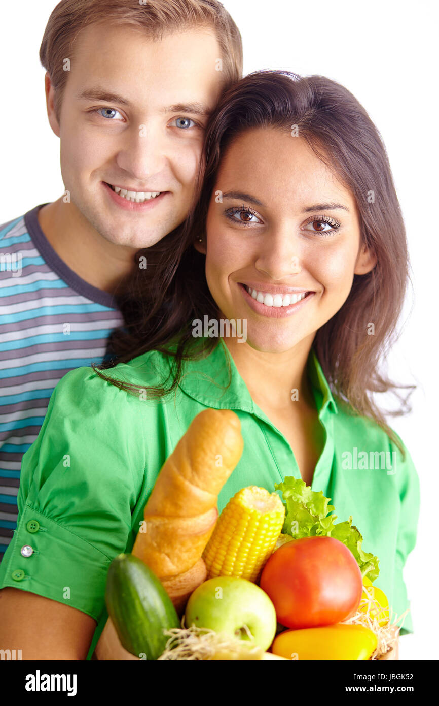 Happy followers of healthy eating looking at camera with smiles Stock ...