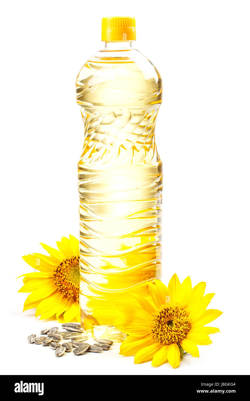 Bottle of sunflower oil with flower isolated on white background Stock ...
