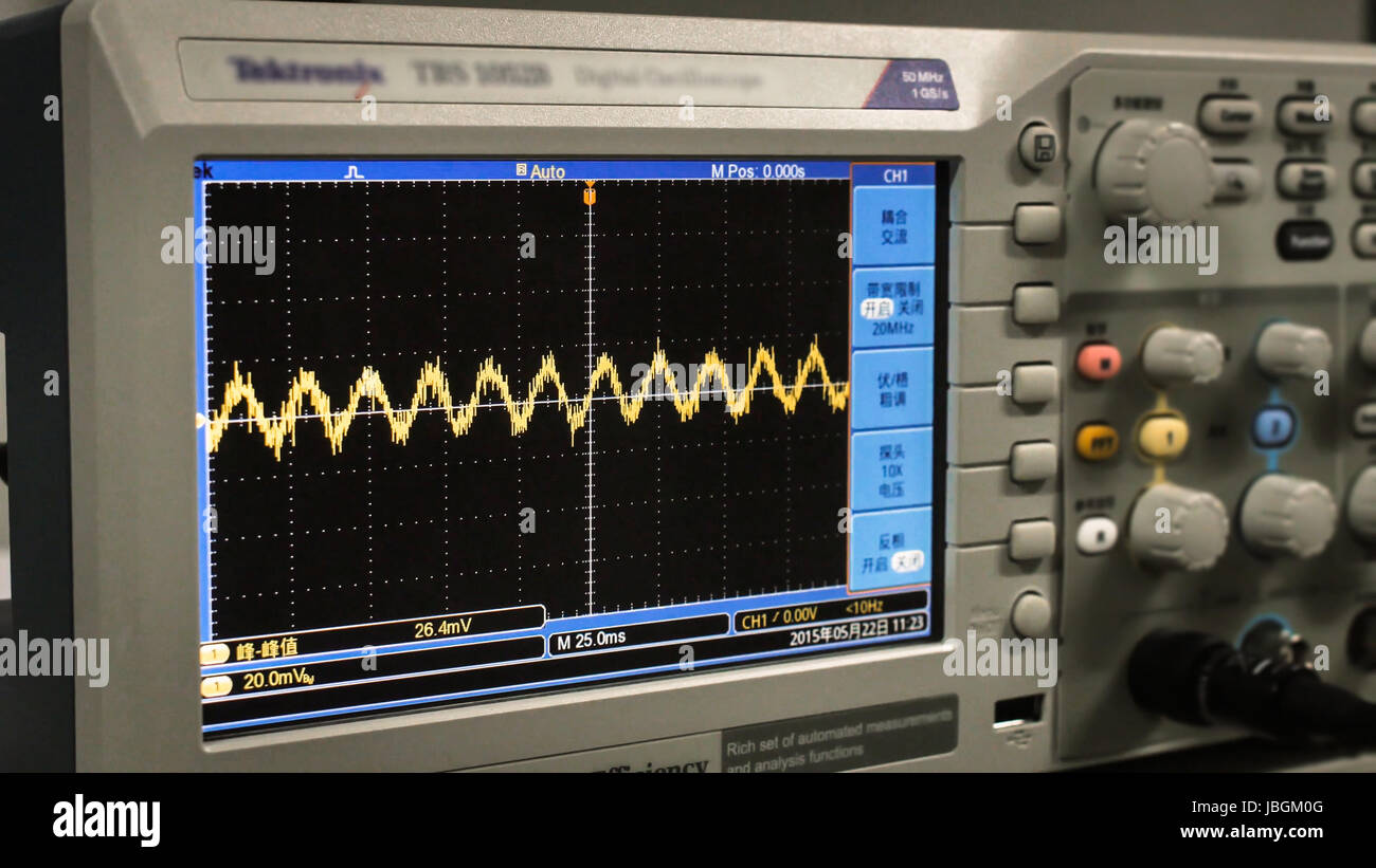 Guangzhou, China - January 17, 2017: Detail of an oscilloscope in a ...