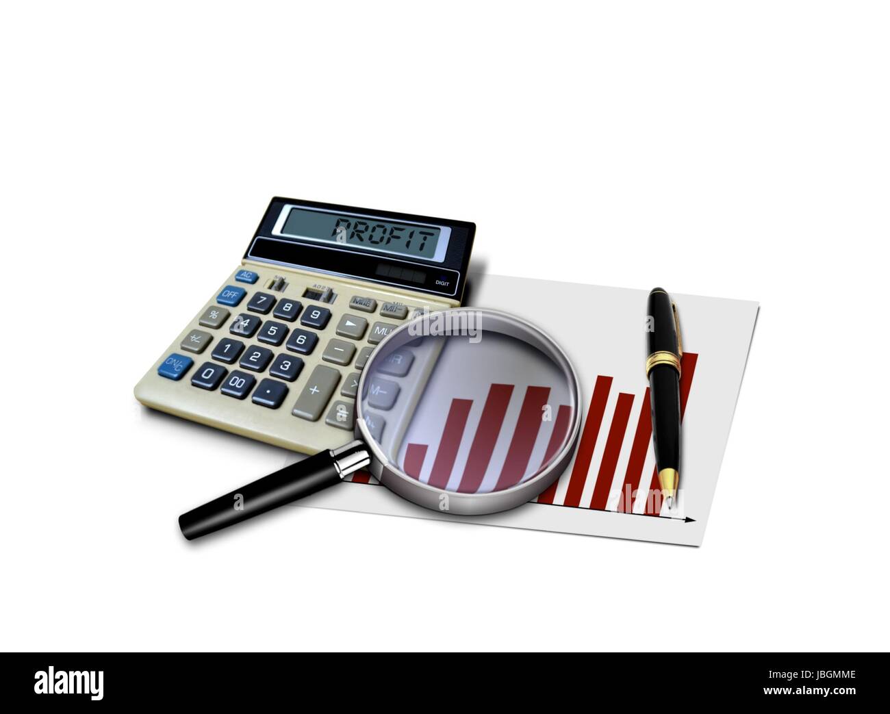 Magnifier with Stock Chart and Calculator Stock Photo - Alamy