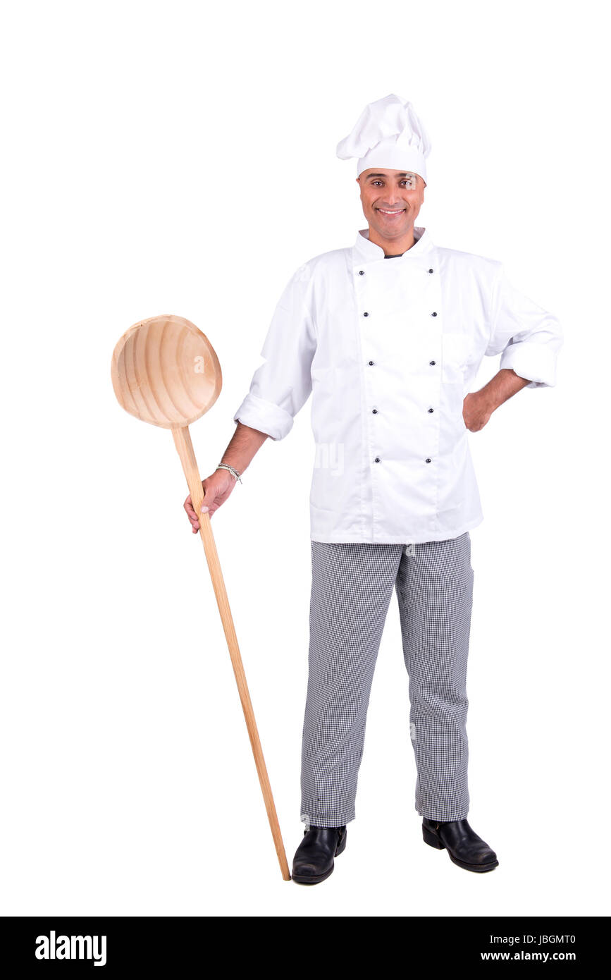 Male chef posing with big wooden spoon isolated on white background ...