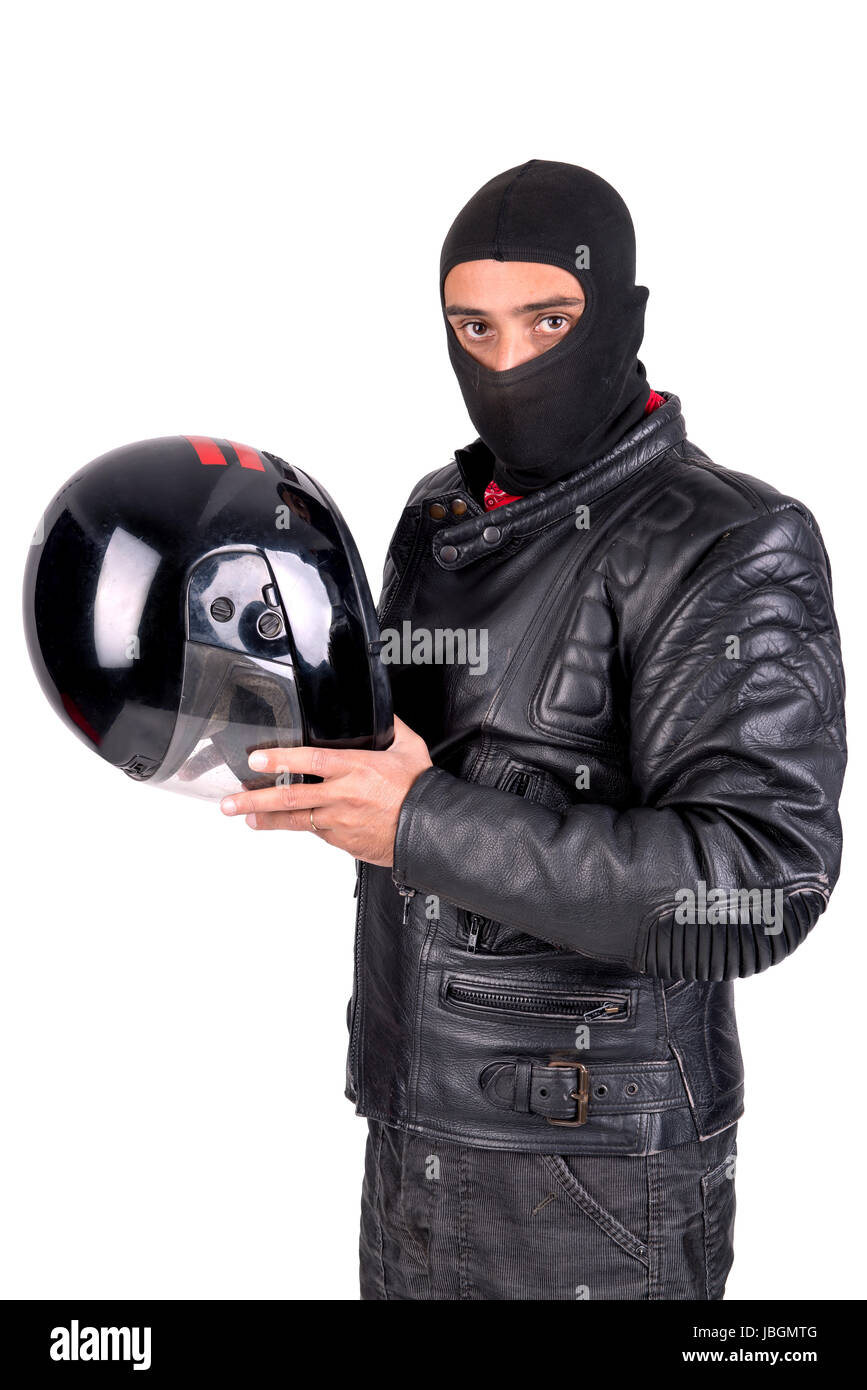 Biker in leather jacket with helmet isolated in white Stock Photo - Alamy