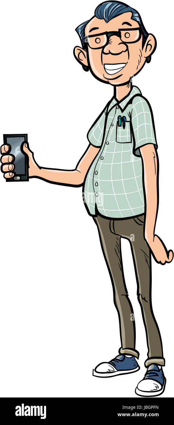 Tall cartoon nerd with a mobile phone. Isolated on white Stock Photo ...
