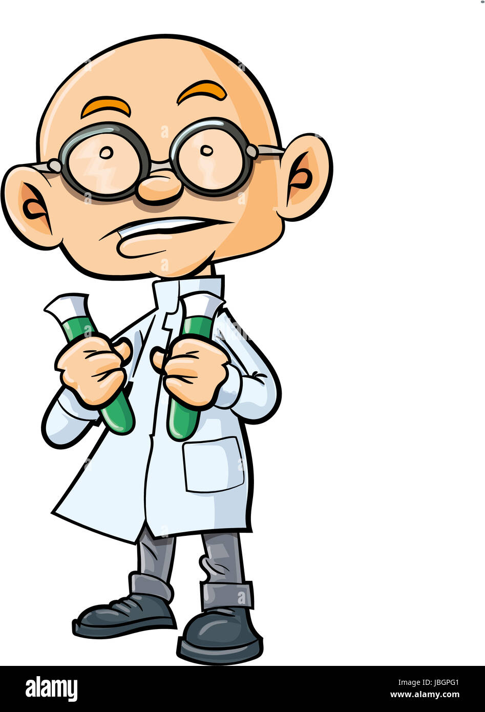 Cartoon bald scientist with two test tubes. Isolated Stock Photo - Alamy