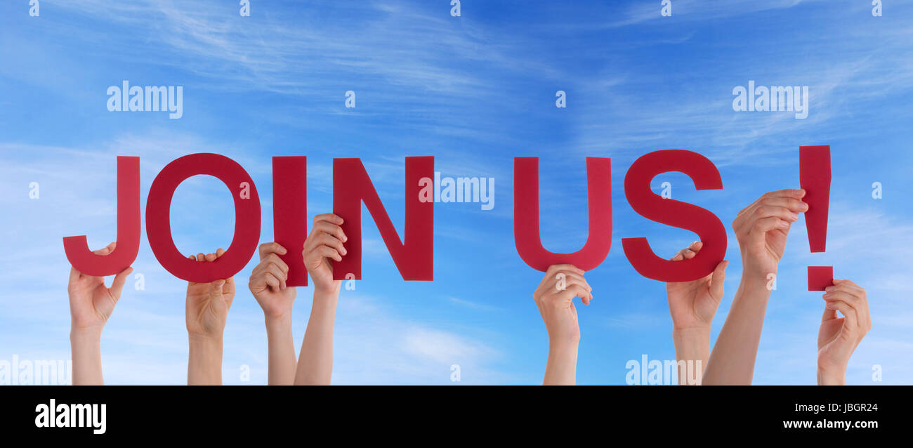 Many People Holding the Red Word Join Us in the Sky Stock Photo - Alamy