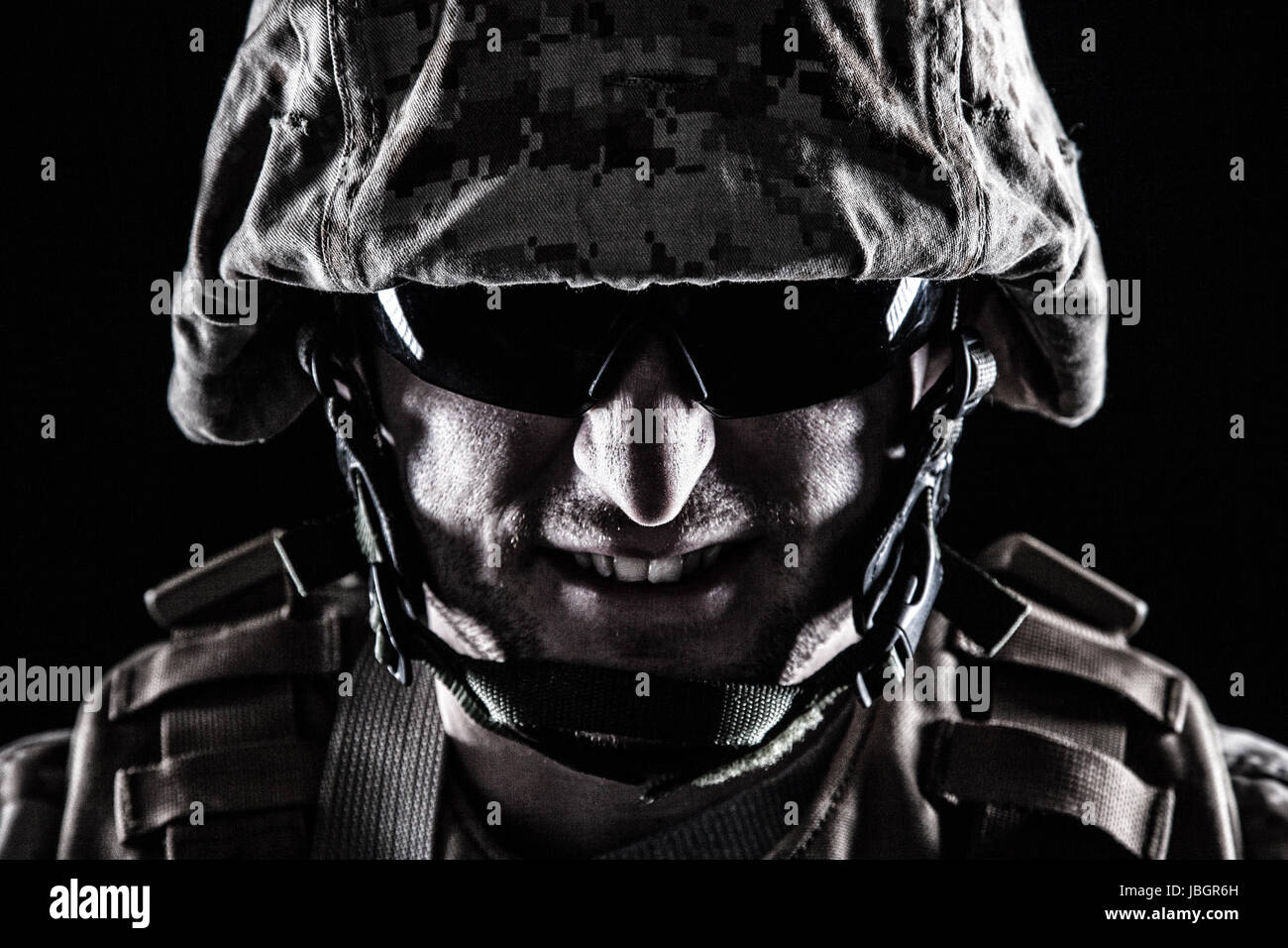 Shot of US marine face with grin on his face Stock Photo - Alamy
