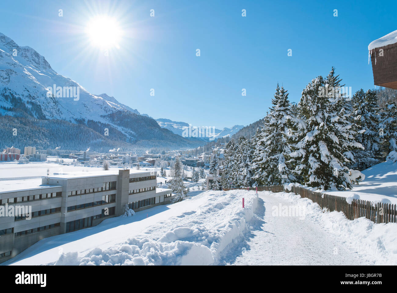 Winter landscape in St. Moritz (German: Sankt Moritz; Italian: San ...