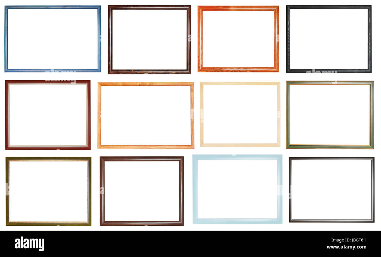 set of narrow simple picture frames with cut out canvas isolated on ...