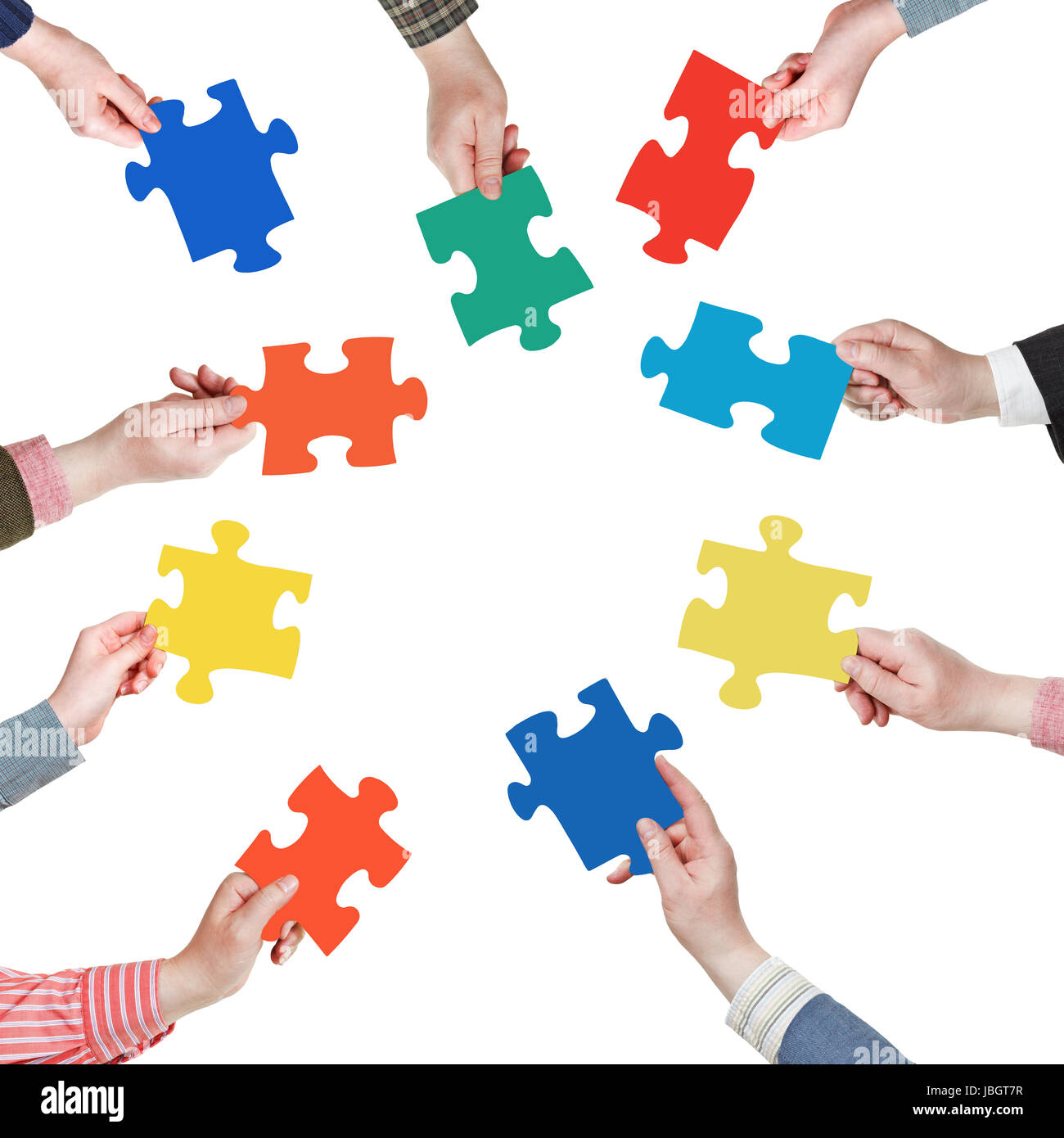 set puzzle pieces in people hands in circle isolated on white ...