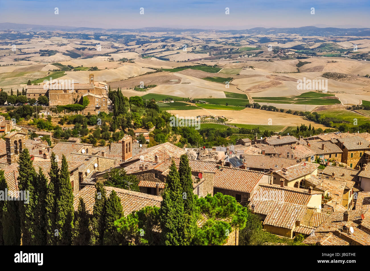 Landscape view of Montalcino town, fields and meadows, Tuscany, Italy ...