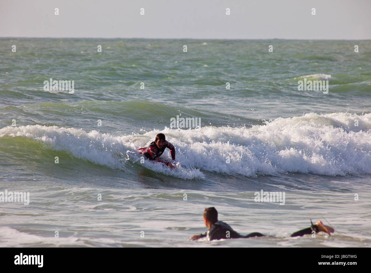 SAN FERNANDO, CADIZ, SPAIN - FEB 19: Unidentified bodyboader taking ...