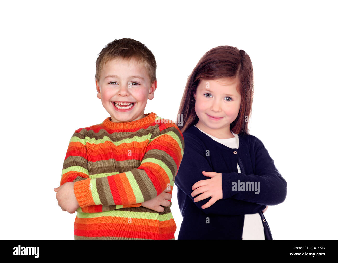 Two happy children isolated on a white background Stock Photo - Alamy