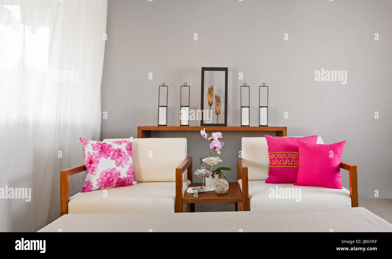 Bright white wooden sofa seat in luxury interior decoration Stock Photo ...