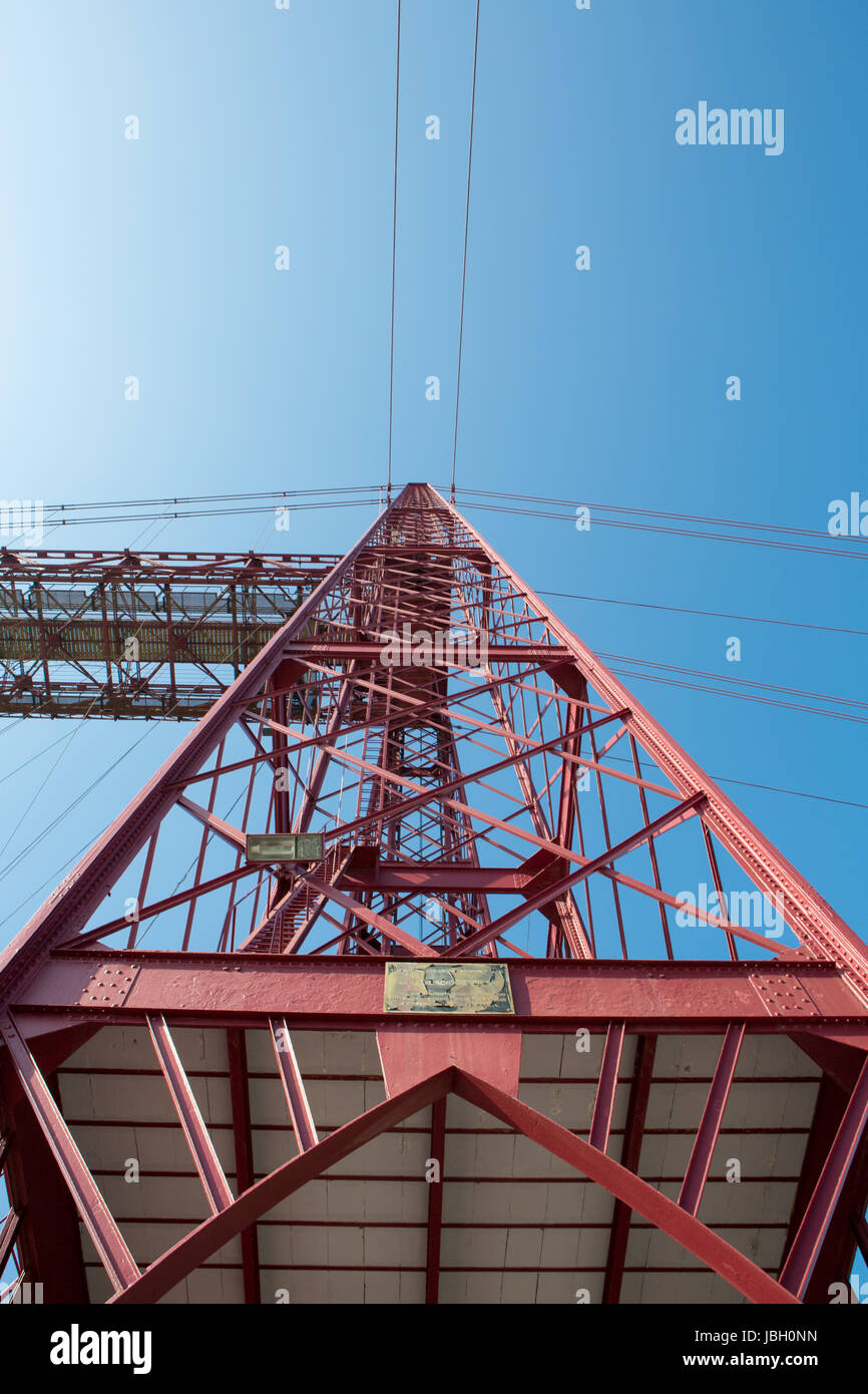 Lower view of the Biscay Bridge, Gecho's (Getxo) region with a blue sky ...