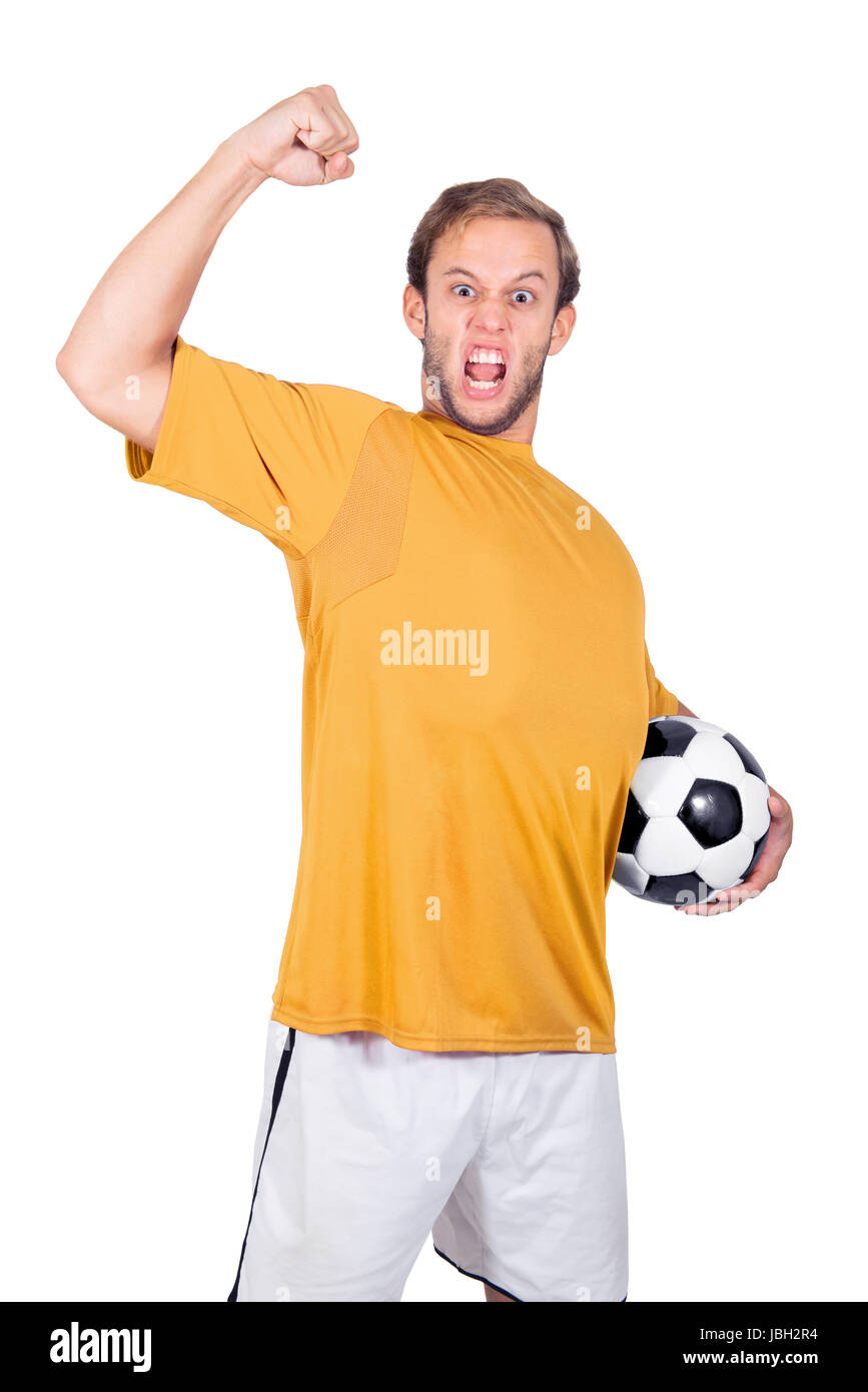 Football player with a ball isolated in white Stock Photo - Alamy