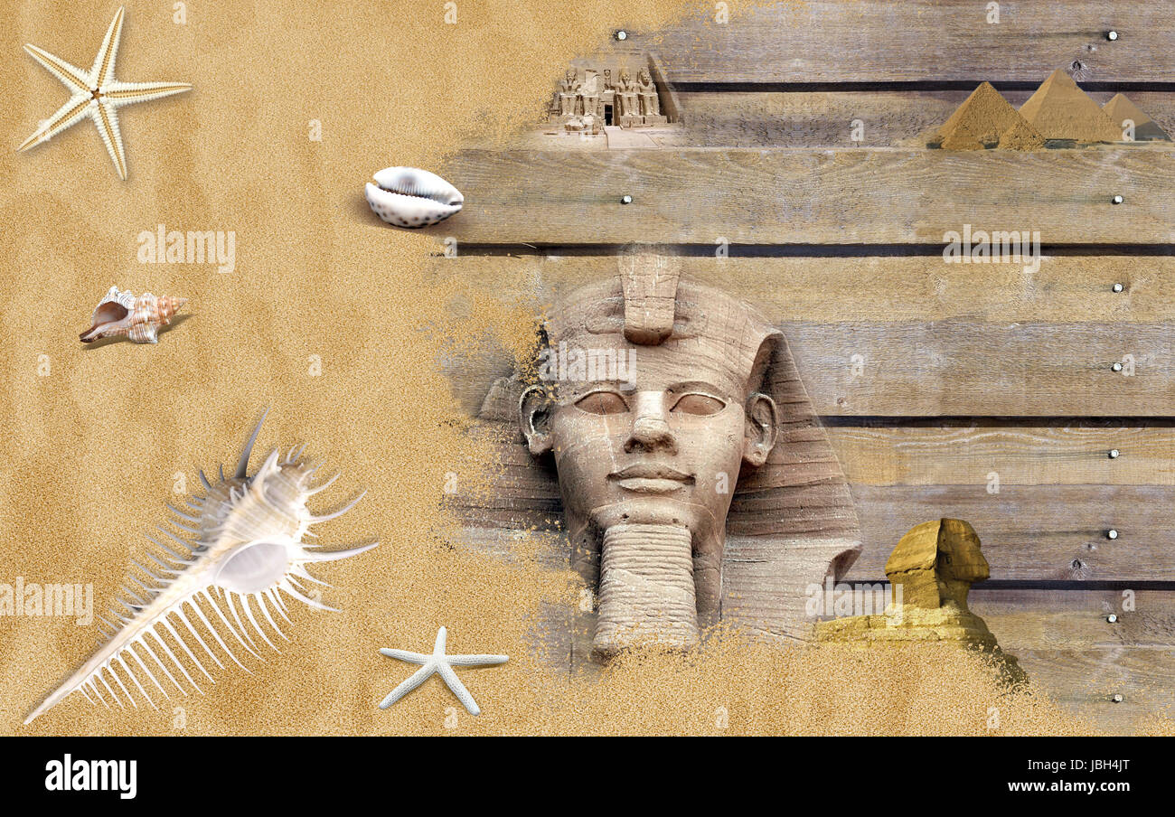 Egypt: desert and Red Sea sand with shells and ancient Egypt landmarks ...
