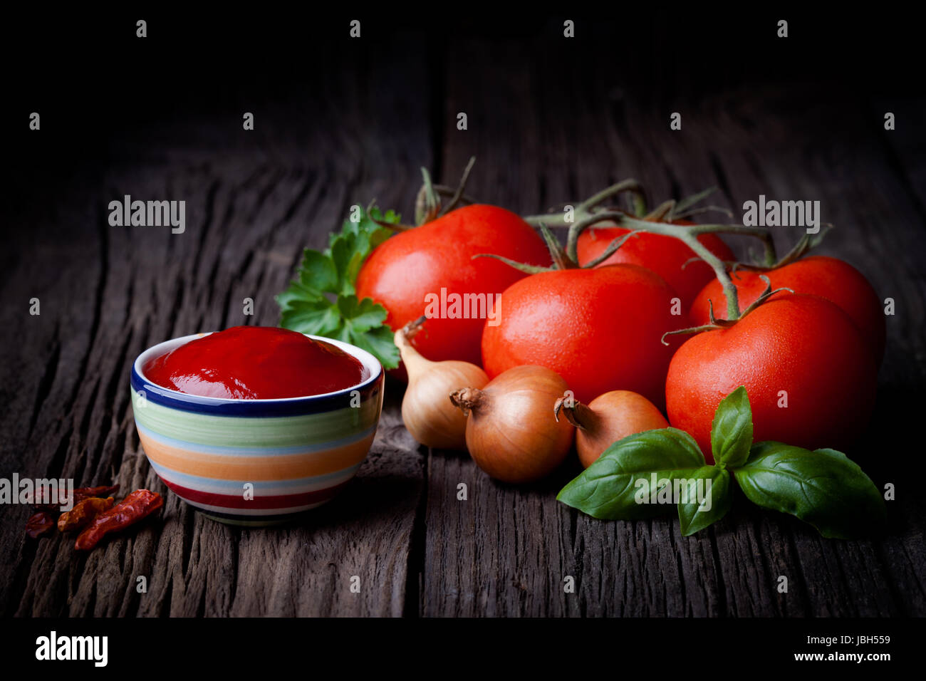 Fresh homemade ketchup and ingredients composition. Vegetables and ...