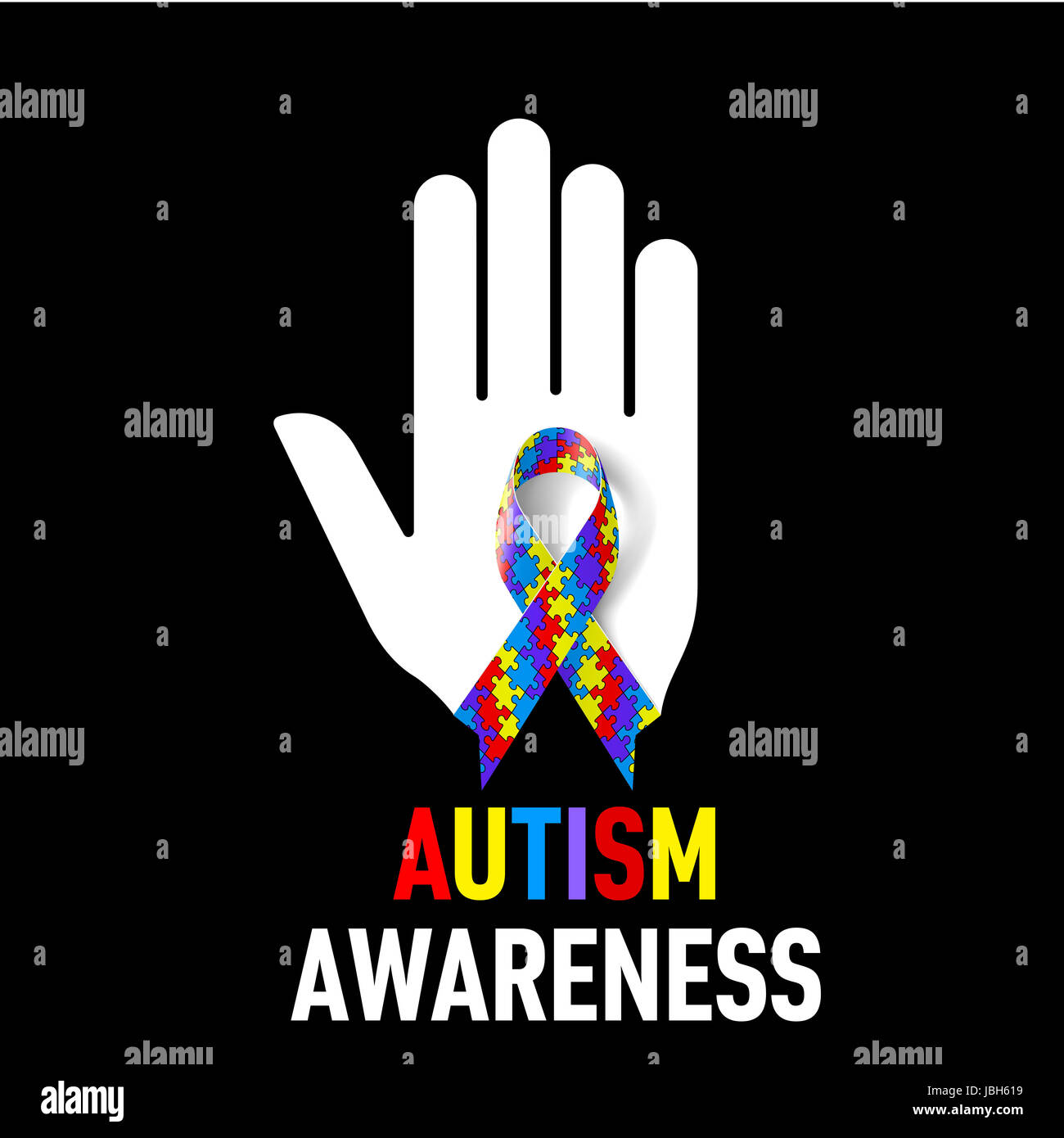 Autism Awareness sign. White hand with puzzle ribbon on black ...