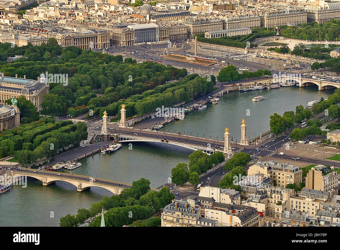Aerial view of urban buildings and two bridges across Seine river in ...