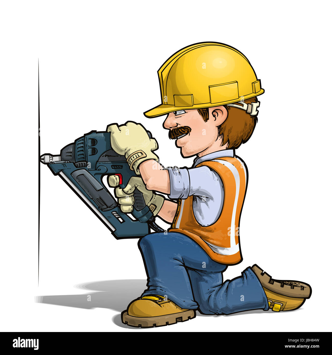 Cartoon illustration of a construction worker nailing with a nail-gun ...