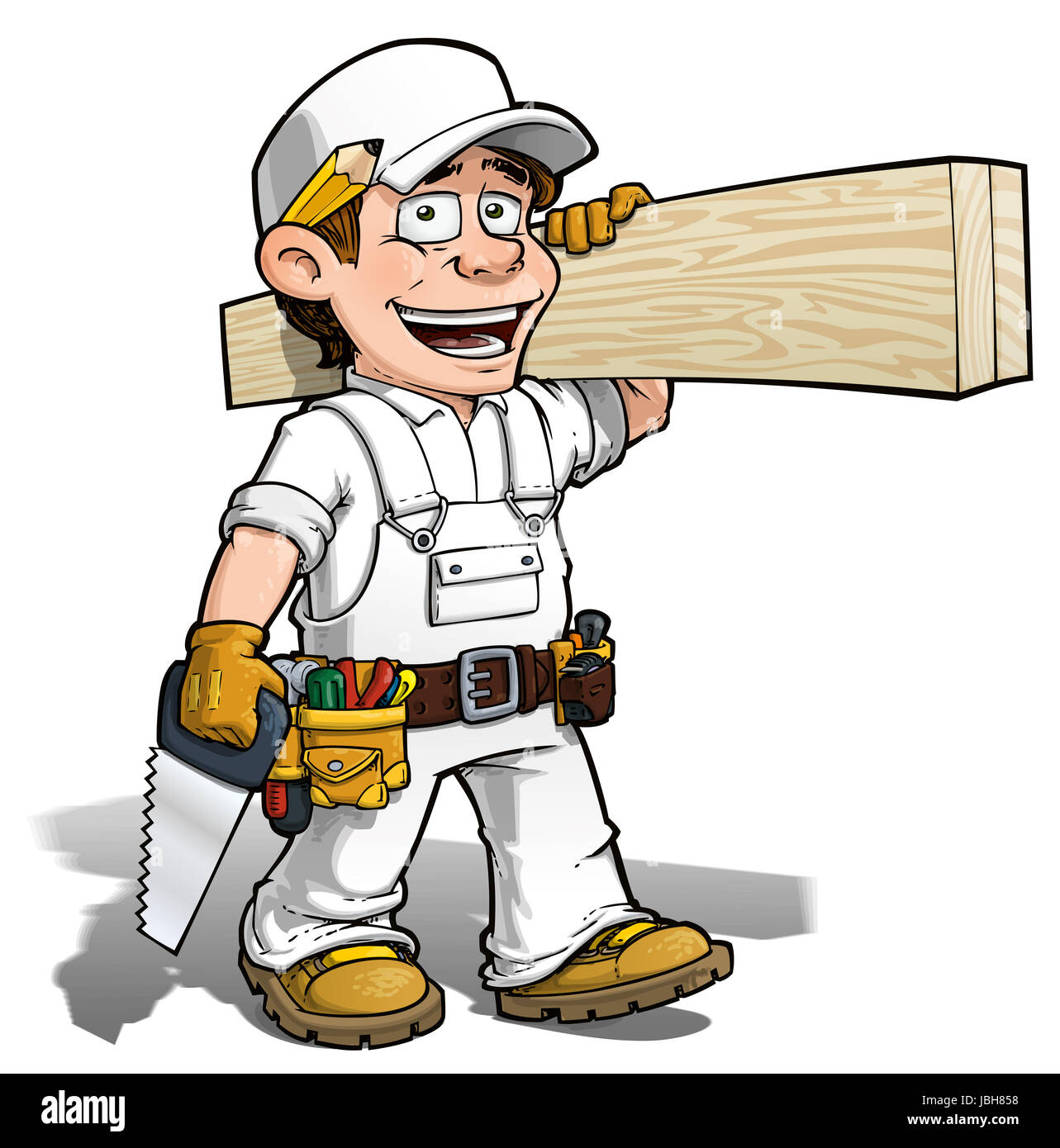 Cartoon illustration of a handyman - carpenter carrying planks of wood ...