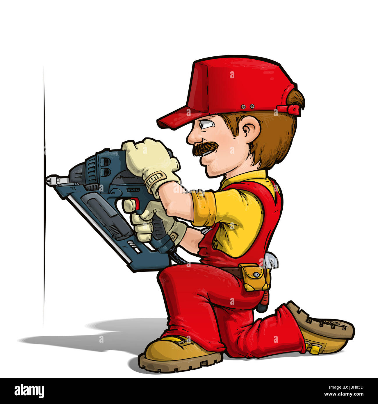 Cartoon illustration handyman nailing nail gun hi-res stock photography ...