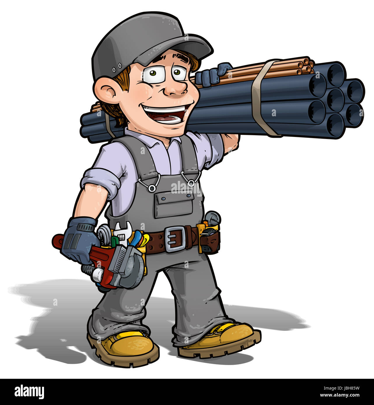 Cartoon illustration of a handyman - plumber carrying pipes and a ...