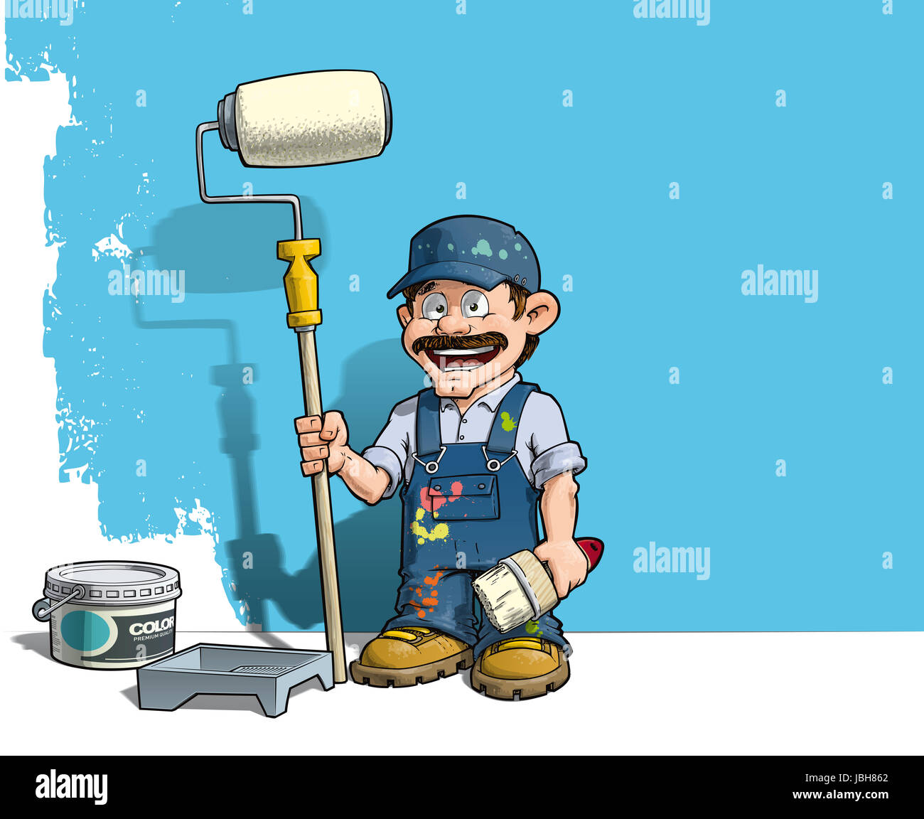 Cartoon illustration of a handyman - Painter standing by a paint bucket ...