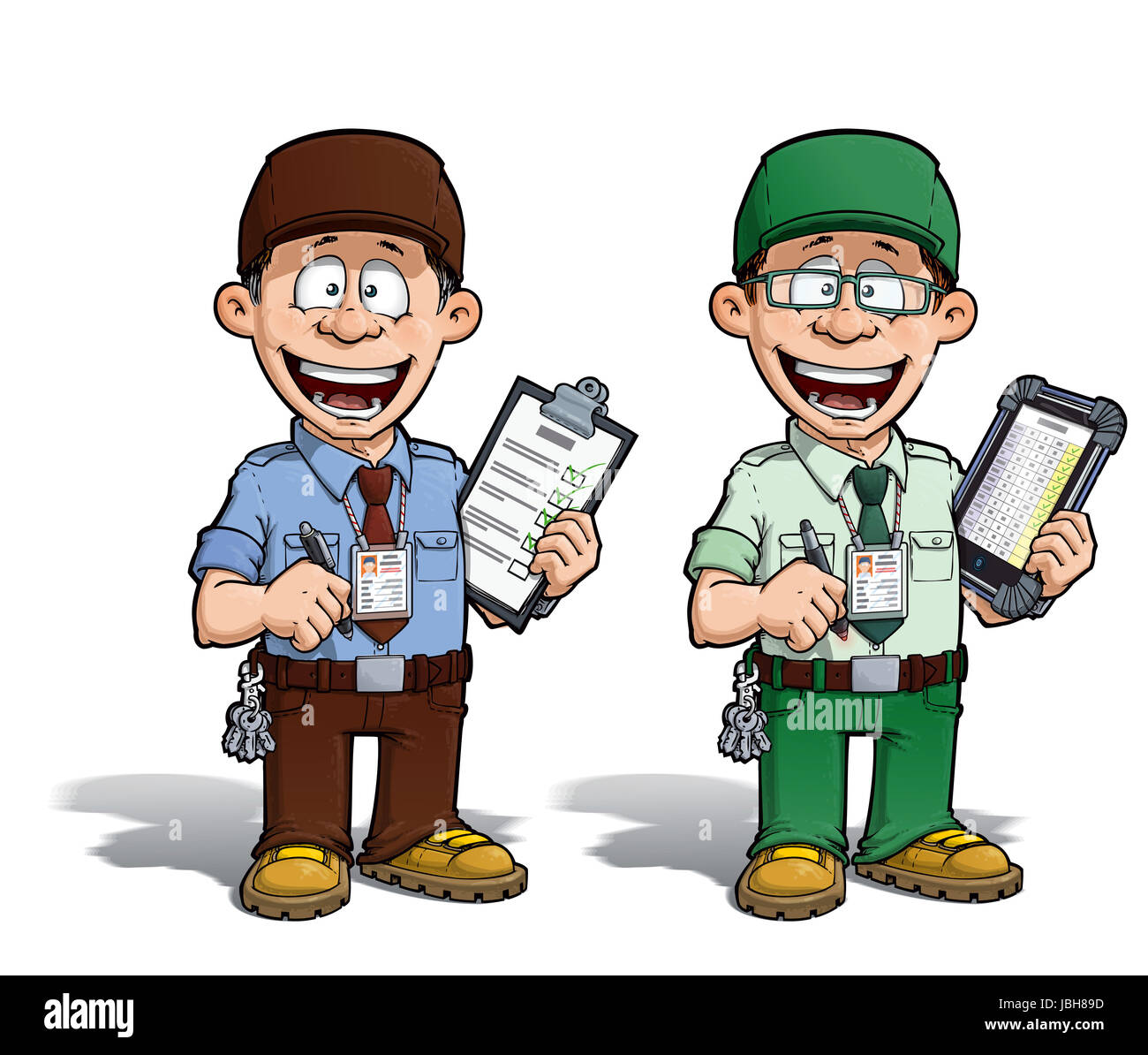 Cartoon illustration of a happy supervisor filling a check list. Two ...