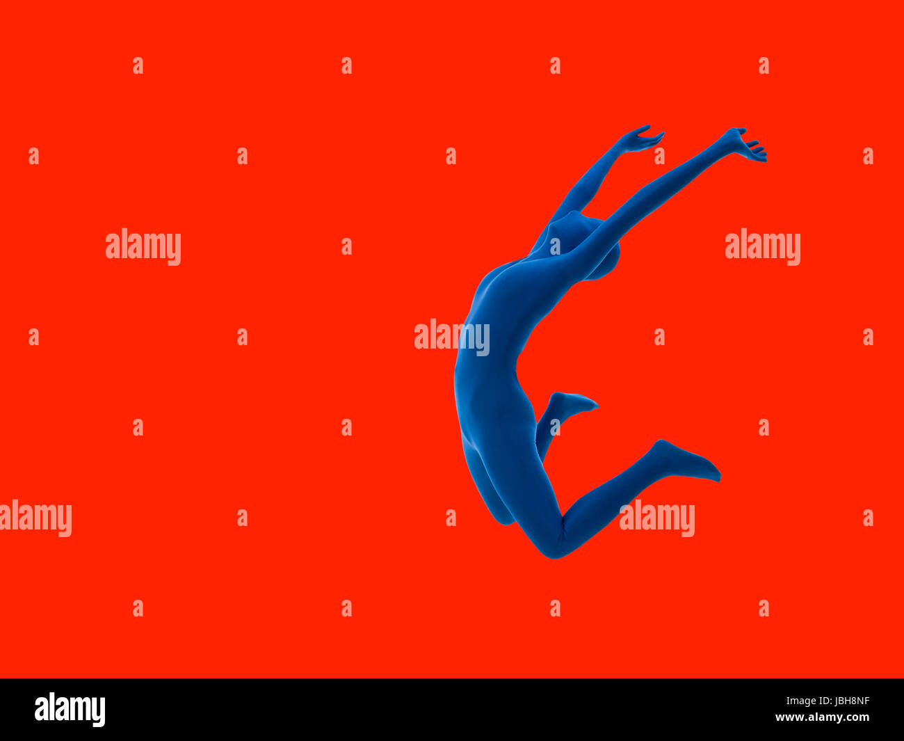 unknown faceless woman dressed inblue jumping isolated on red ...