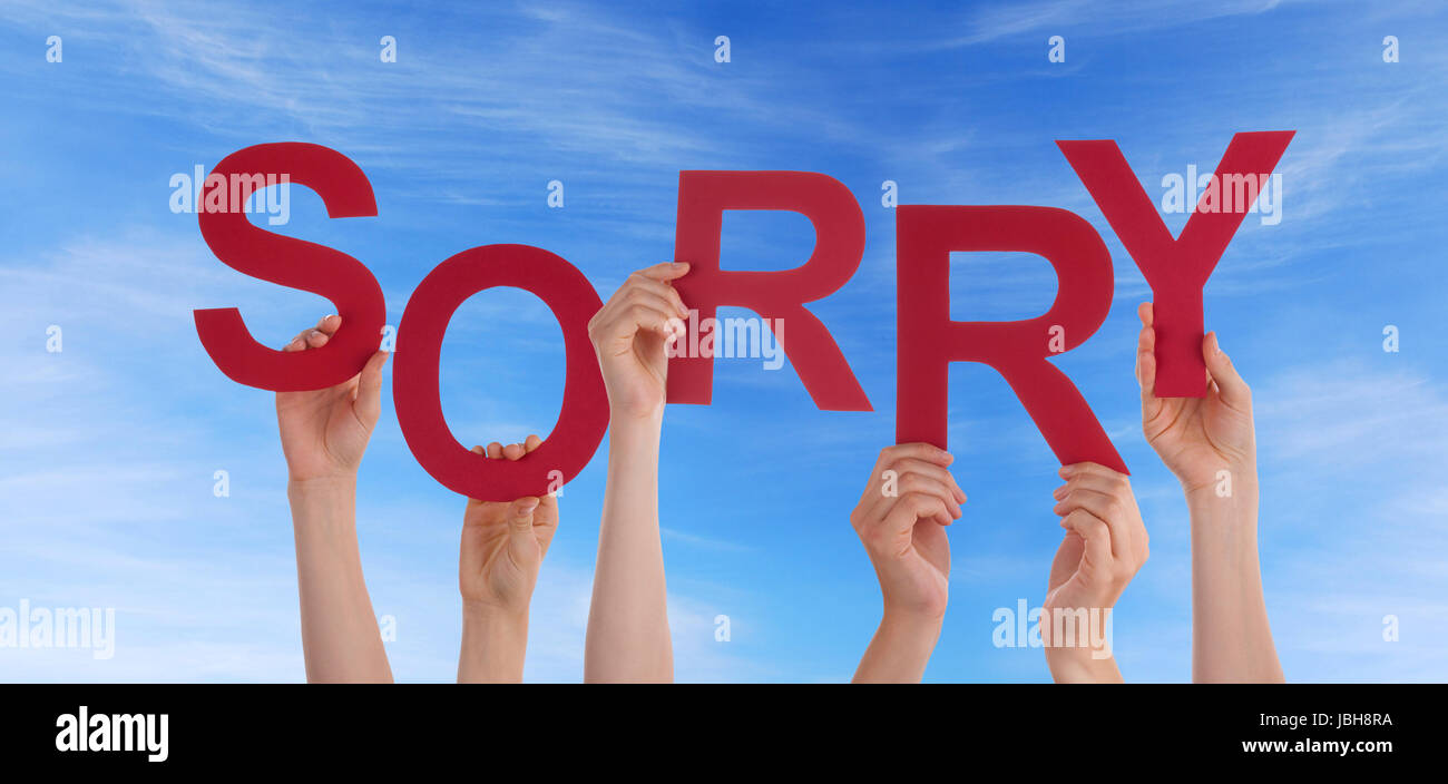 Many Hands Holding the Red Word Sorry in the Sky Stock Photo - Alamy