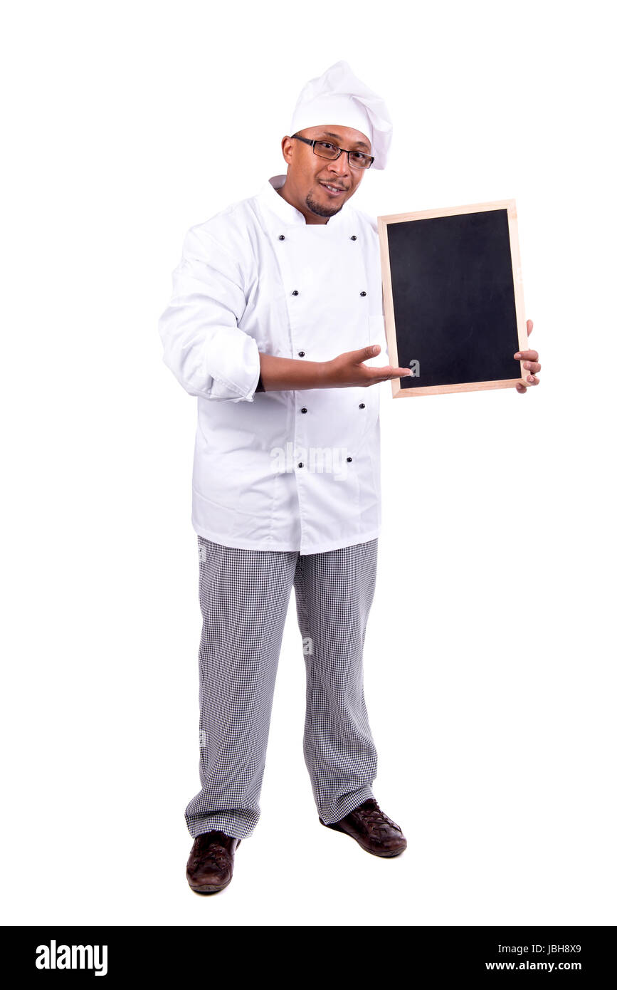 Male chef with menu board isolated in white Stock Photo - Alamy